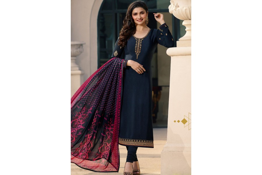 prachi desai dark blue crepe straight churidar bollywood suit 9963