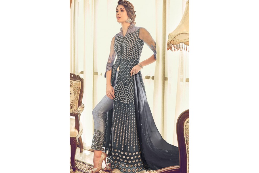 steal grey net embroidered trouser style designer suit 6009