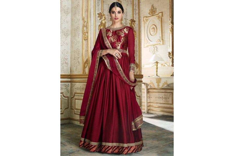 Red color barfi silk wedding wear anarkali 3004