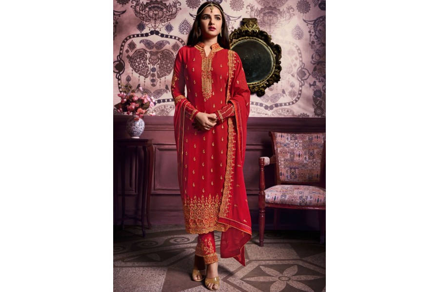 Red color straight cut salwar kameez 10063
