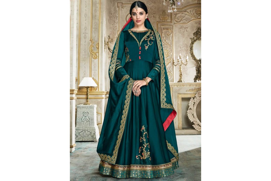 Teal color barfi silk wedding wear anarkali 3003