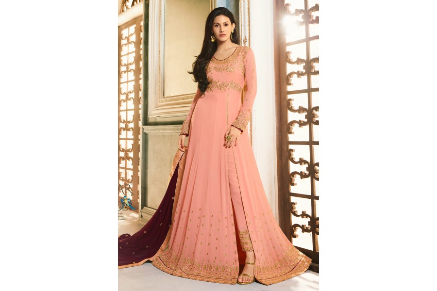 Peach silk side slit anarkali suit 9057