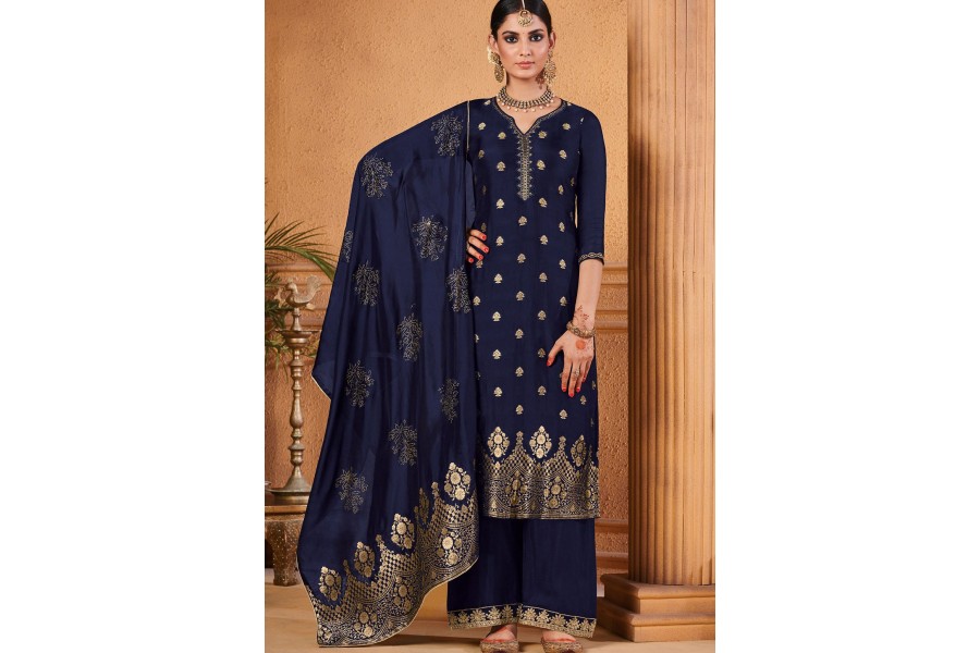 dark blue dola jacquard palazzo style suit 8501