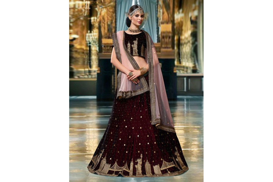 Wine color velvet wedding lehenga choli 1110