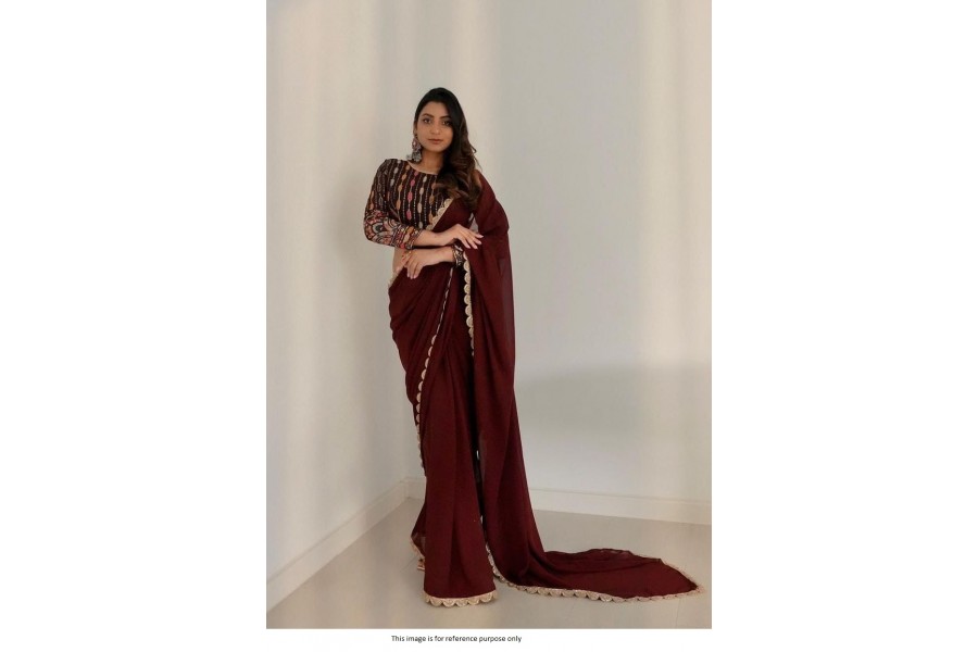 Buy Bollywood Model georgette lace work saree in maroon in UK