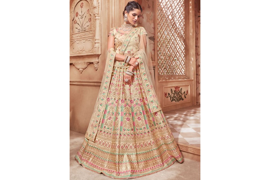Cream color satin Indian wedding lehenga choli 4606