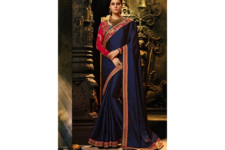 Buy Navy blue color burfi silk Party wear saree in UK, USA and Canada