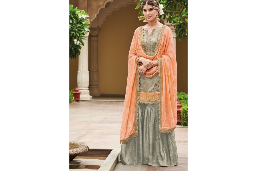 Grey Dola Silk Sharara Style Pakistani Suit 34 Grey Dola Silk Sharara Style Pakistani Suit 34