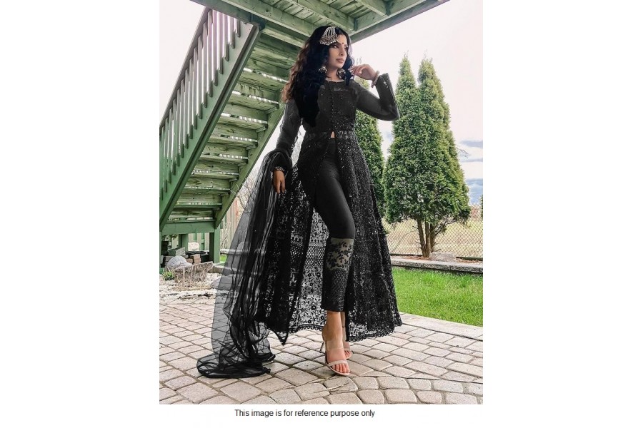Buy Bollywood Model black net front slit open suit in UK, USA and Canada