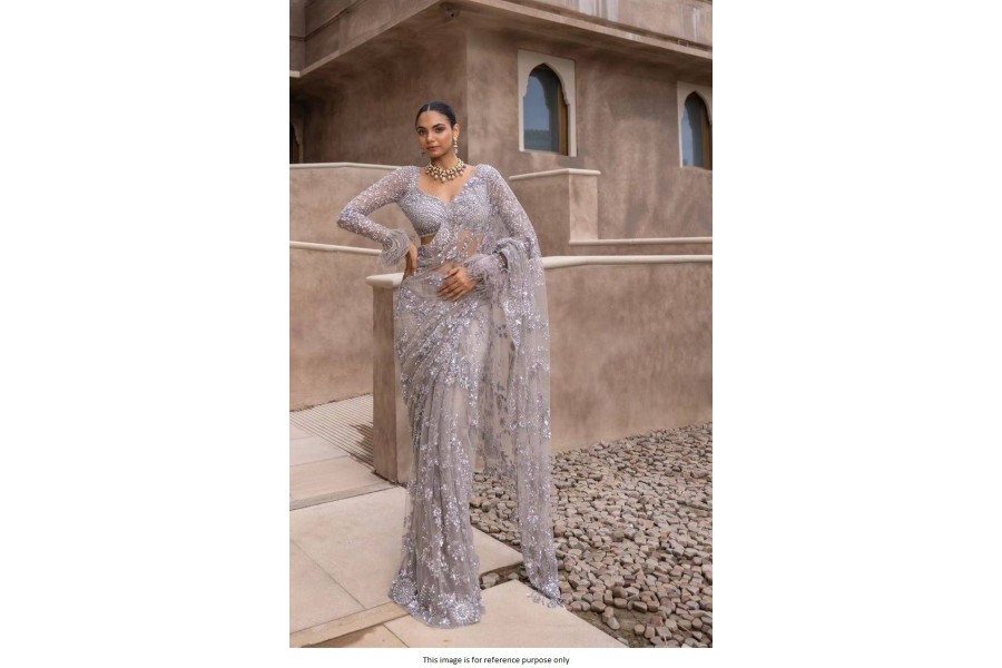 Buy Bollywood Model net sequins designer saree in Grey in UK