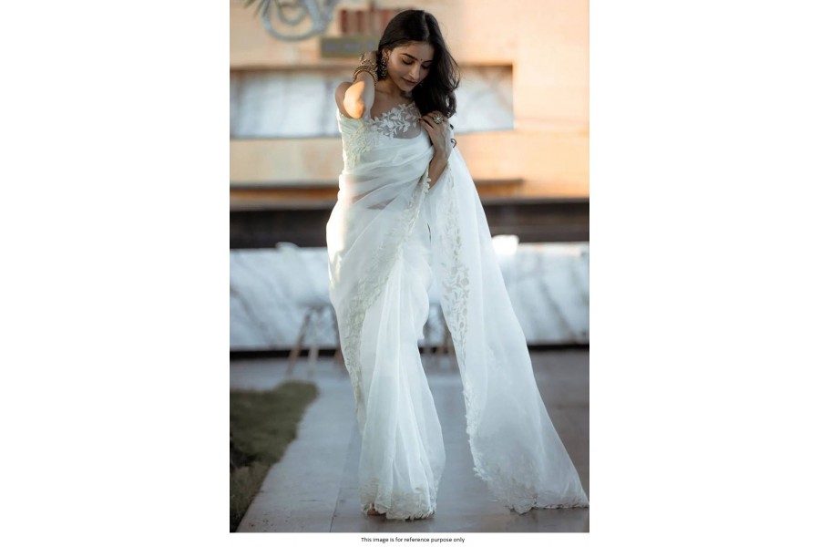 Buy Bollywood Model Pure organza white color saree in UK, USA and Canada