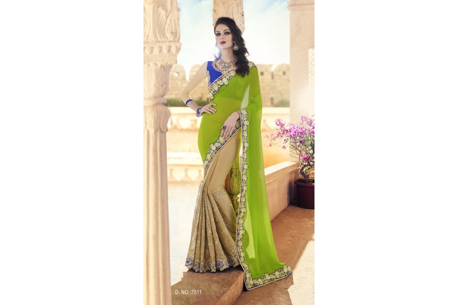 Party-wear-Chikoo-Green-color-saree