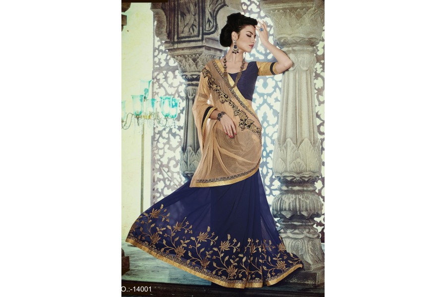 Party-wear-Blue-Chikko-color-saree