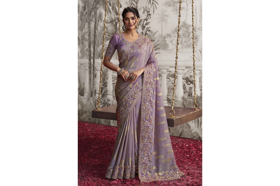 Lavender viscous art silk embroidered wedding saree with blouse 8211
