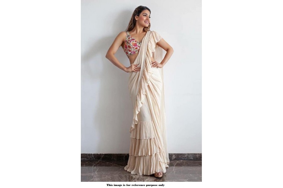 Buy Bollywood model Off white georgette ruffle saree in UK, USA and Canada