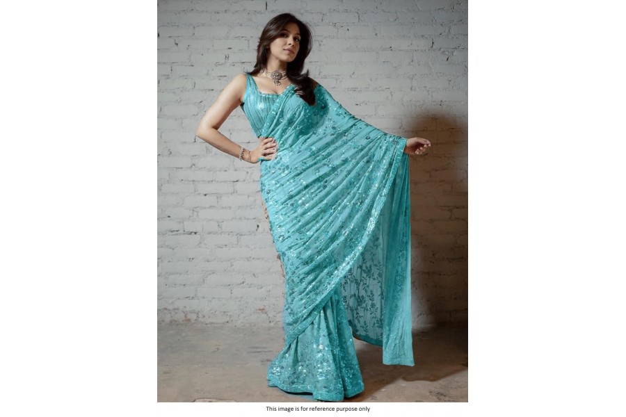 Buy Bollywood Model Firozi color georgette sequins sareee in UK, USA ...