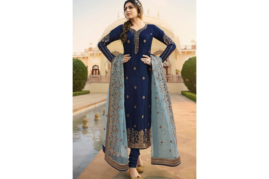 navy blue jacquard embroidered straight churidar suit 3706