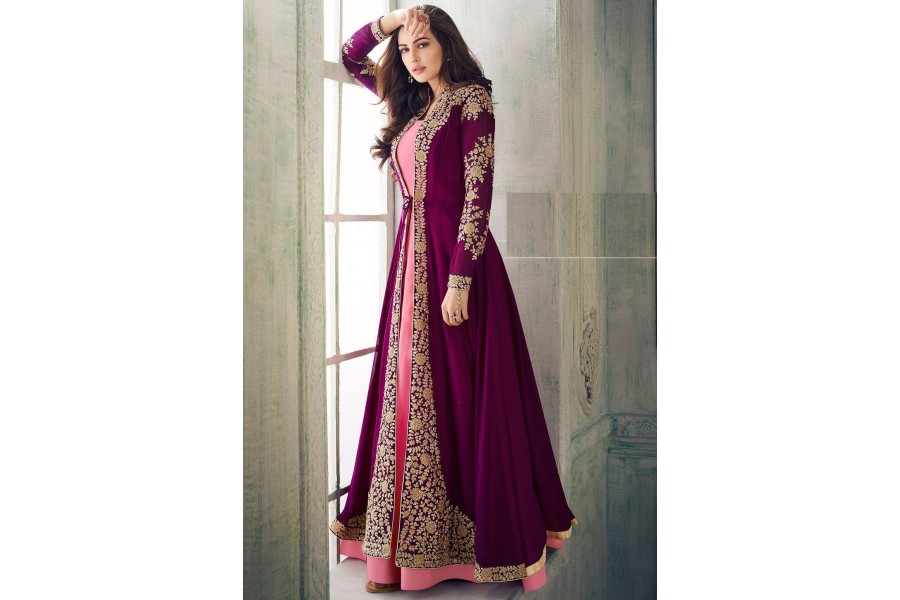 purple pink georgette embroidered jacket style suit 8203