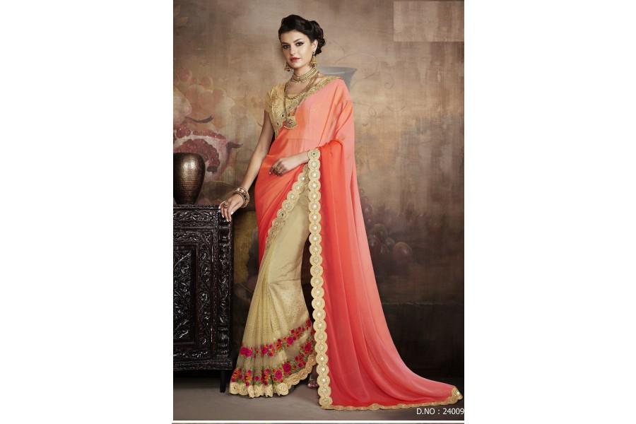 Party-wear-Chikoo-Orange-color-saree