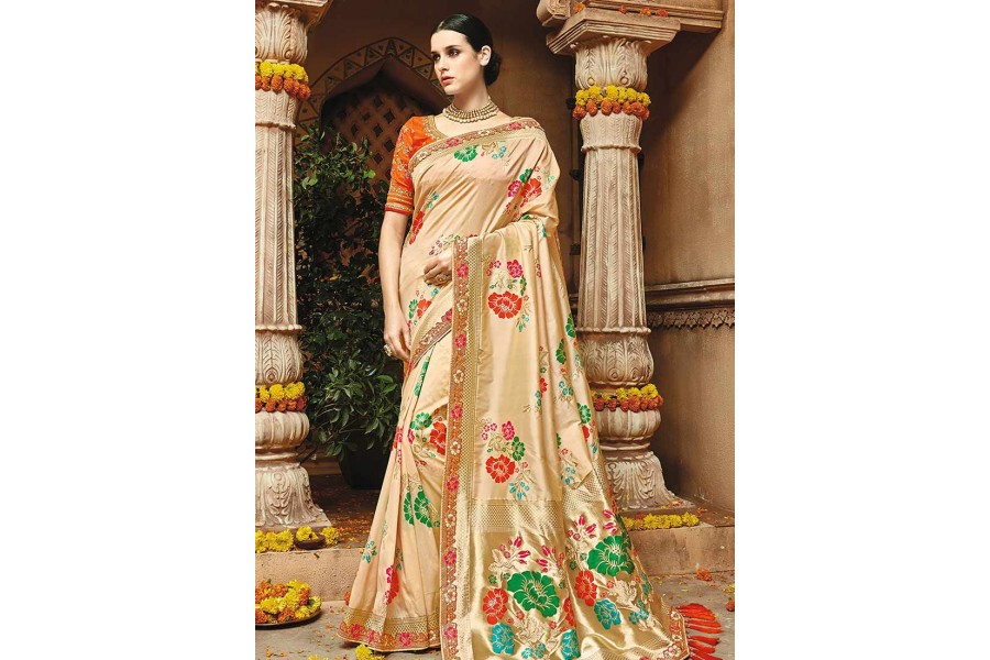 Cream color pure banarasi silk wedding saree 1209