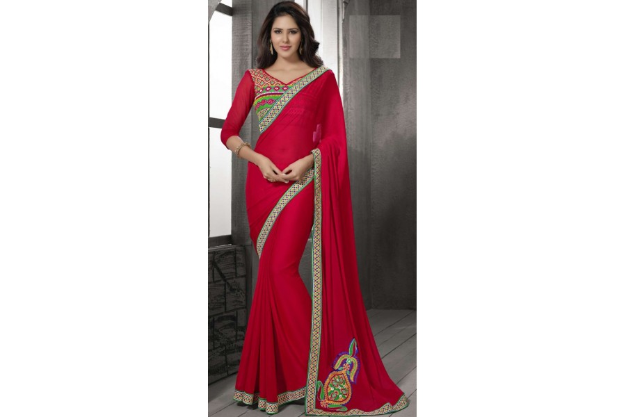 Red Color Border Worked Chiffon Saree 40007