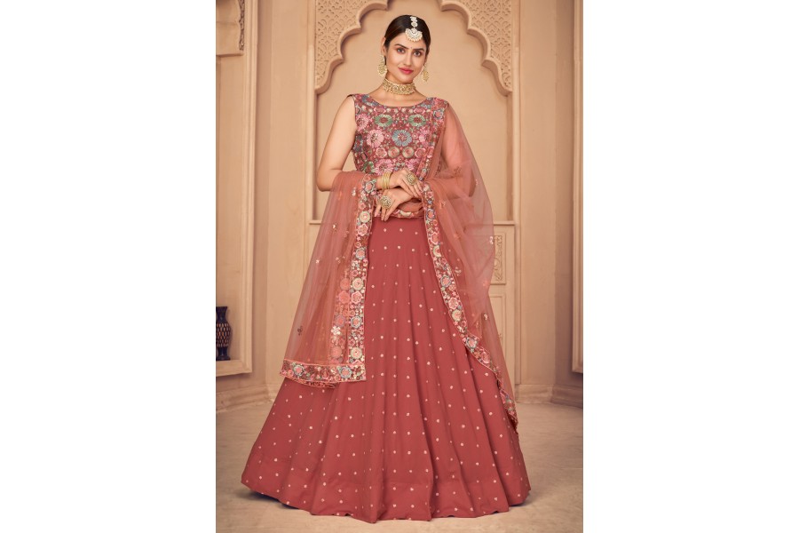 Rust georgette sequins work lehenga choli 1791