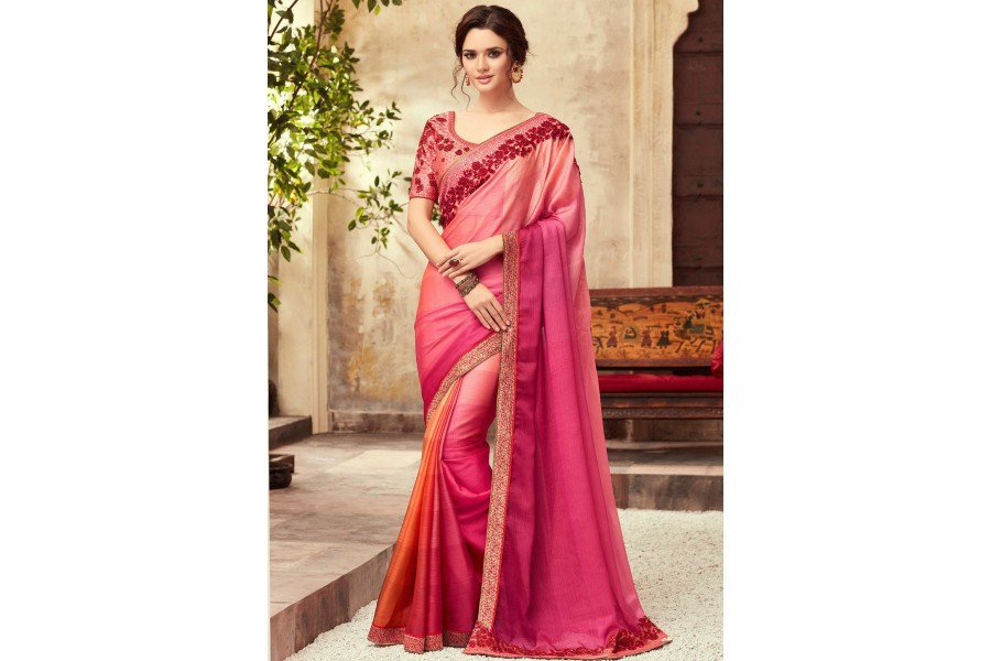 Pink Shade Satin Georgette Party Wear Saree With Border 22014