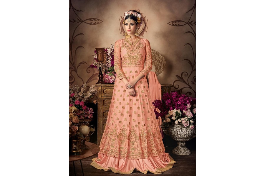 Peach color net wedding anarkali 102