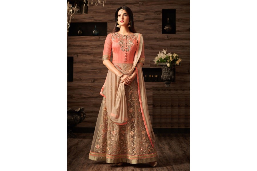 Sonal chauhan peach color net anarkali 4802