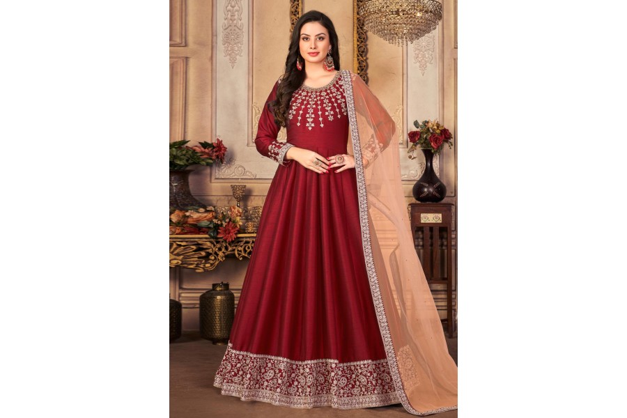 Art silk abaya style Anarkali suit in Maroon colour 4404