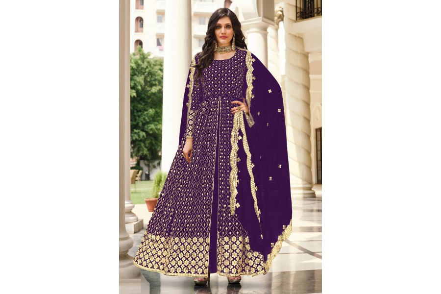 Georgette center slit Anarkali suit in Purple colour 2071C