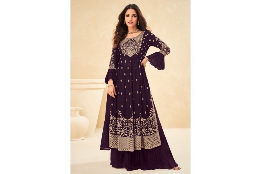 Georgette embroidered palazzo suit in Purple colour 9208
