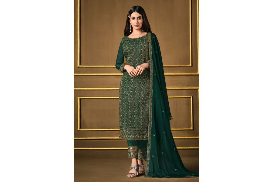 Georgette straight cut suit in Green colour 4892