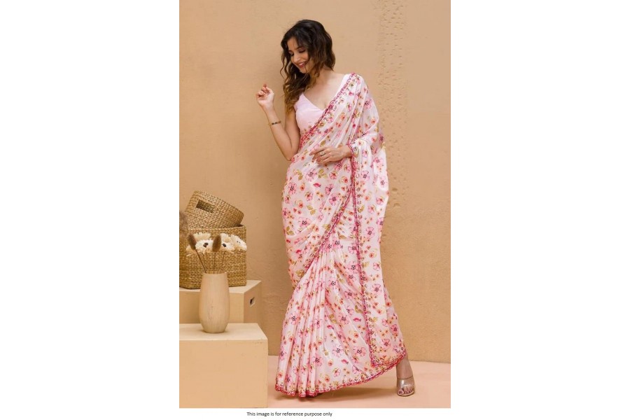 Buy Bollywood model crepe silk floral saree in light pink in UK, USA ...