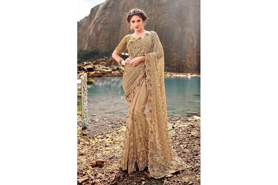 Buy Gold color digital net diamond and moti wedding wear saree in UK ...