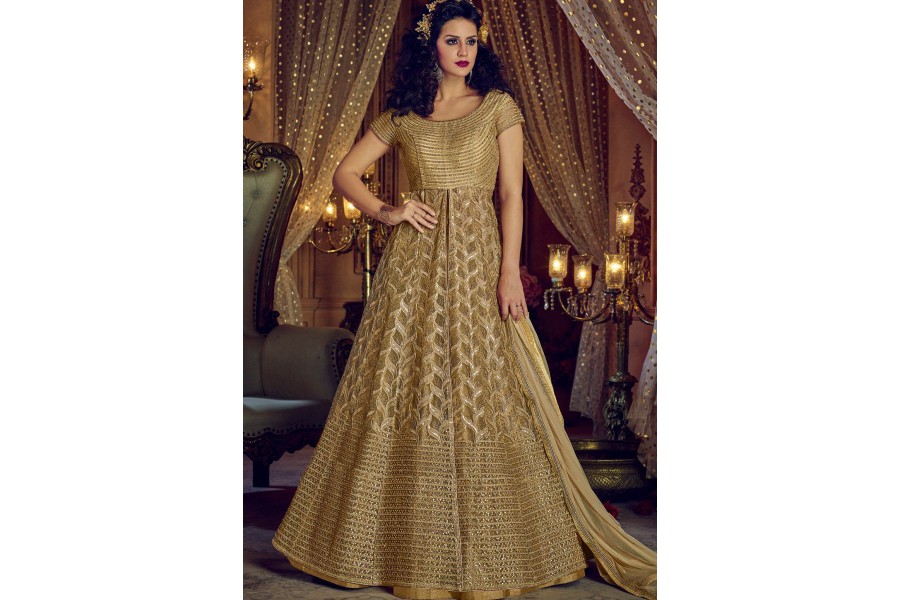 Buy Chiku color Net and Banglori silk party wear Lehenga kameez in UK ...