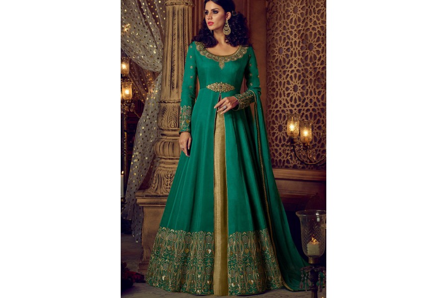 Buy Green and Chiku color Silk party wear Lehenga kameez in UK, USA and ...