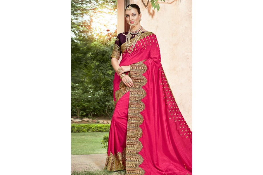 Pink silk saree with blouse 1037