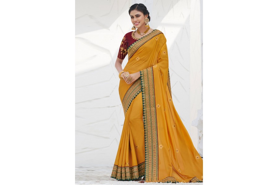 Yellow satin party wear saree 2614