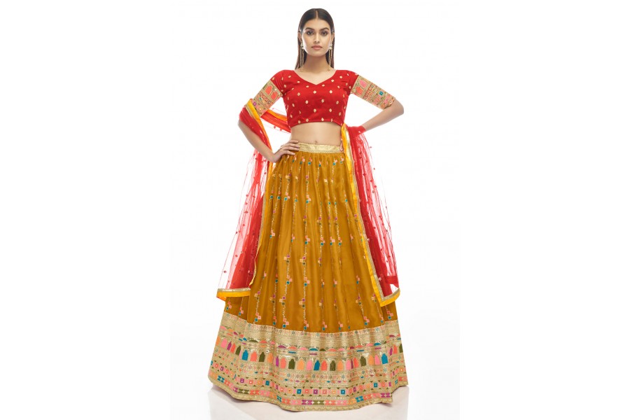 Mustard satin georgette a line lehenga choli 20008