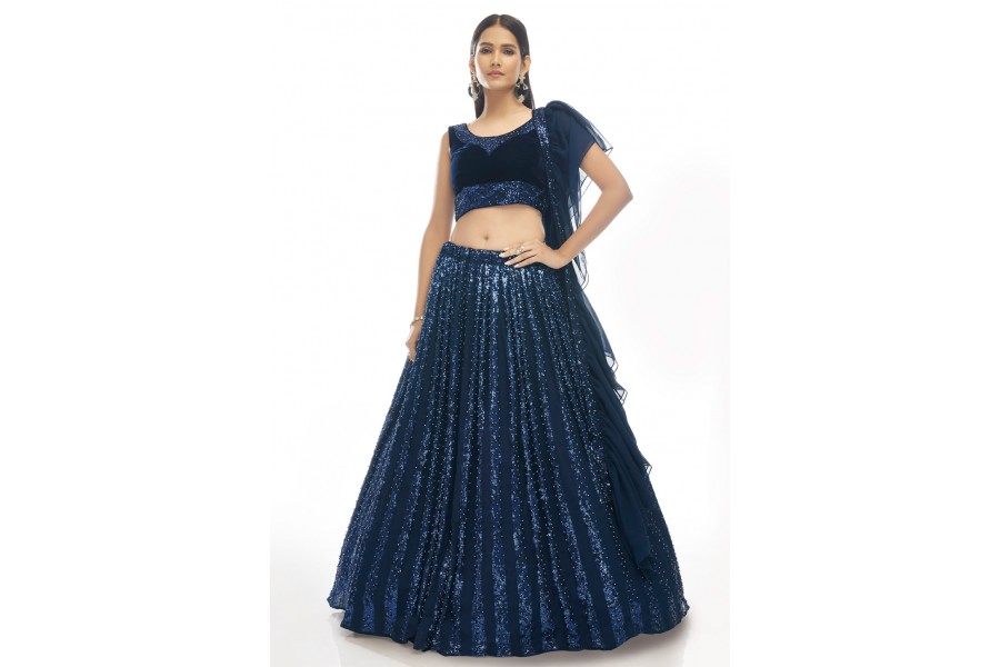 Navy blue velvet sequence lehenga choli 20005