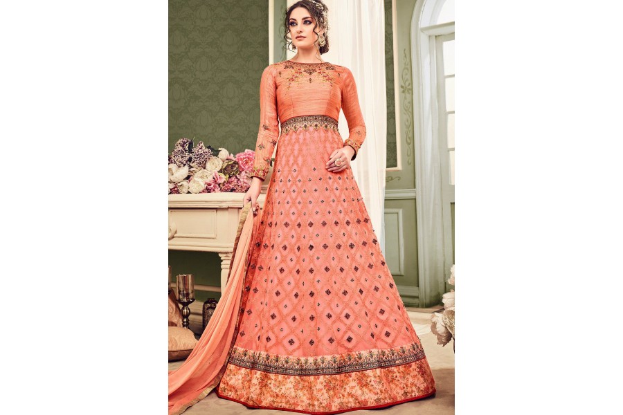Buy Peach color net wedding anarkali suit in UK, USA and Canada
