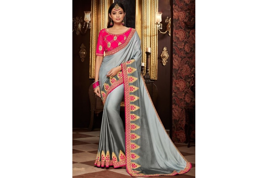 silver grey saree with silk blouse 1706