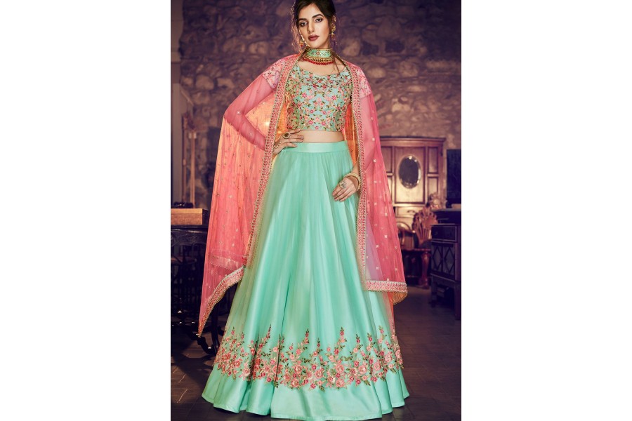 firoji blue satin net embroidered lehenga choli 4158