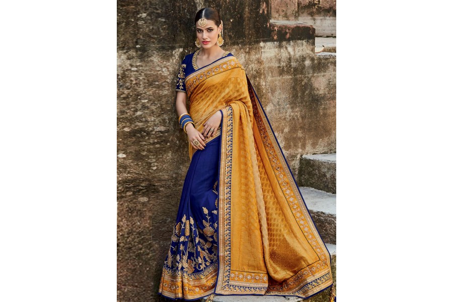 Buy Royal blue and yellow silk indian bridal saree in UK, USA and Canada