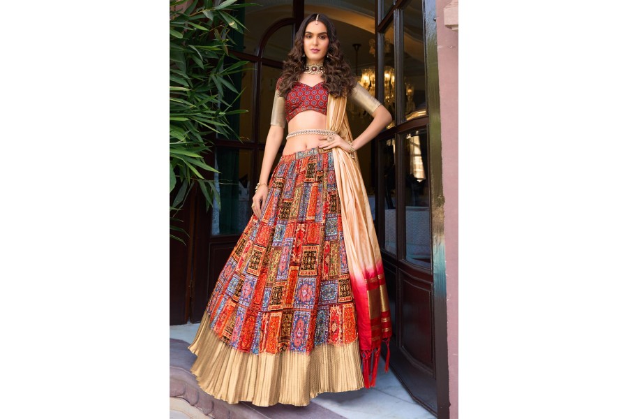 Satin silk circular lehenga choli in Orange colour 705