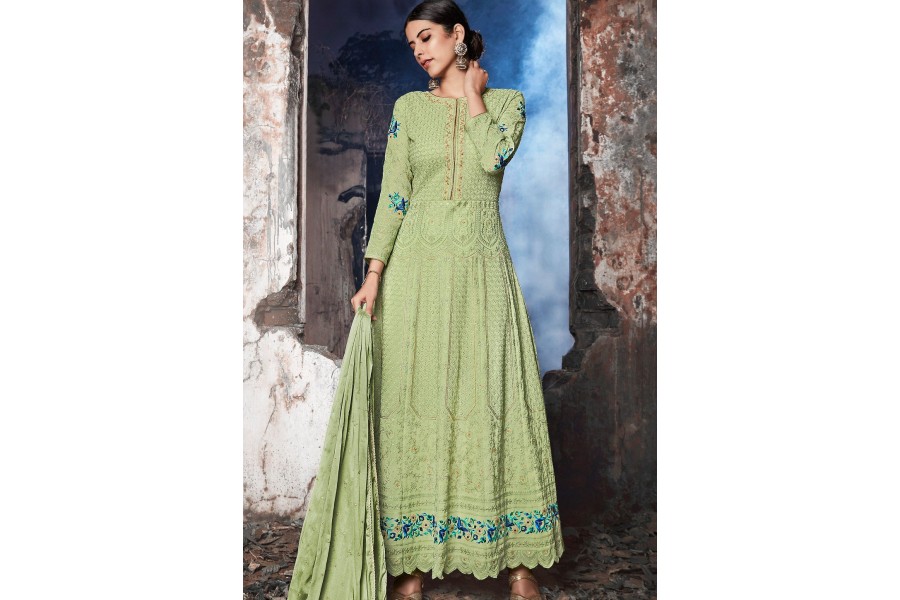 green georgette embroidered anarkali suit 20075