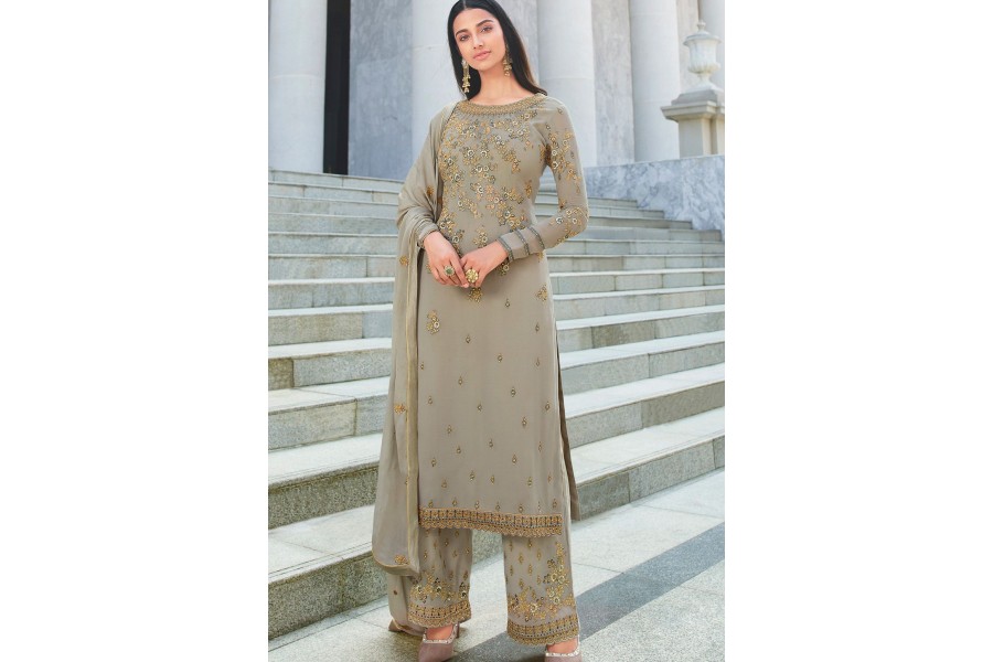 grey georgette embroidered straight trouser suit 18091