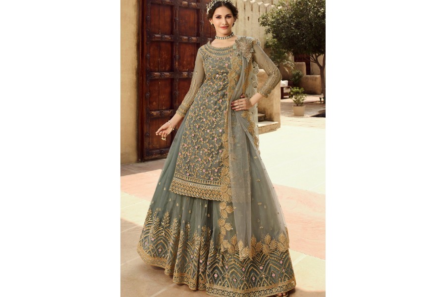 grey net embroidered sharara style suit 15030