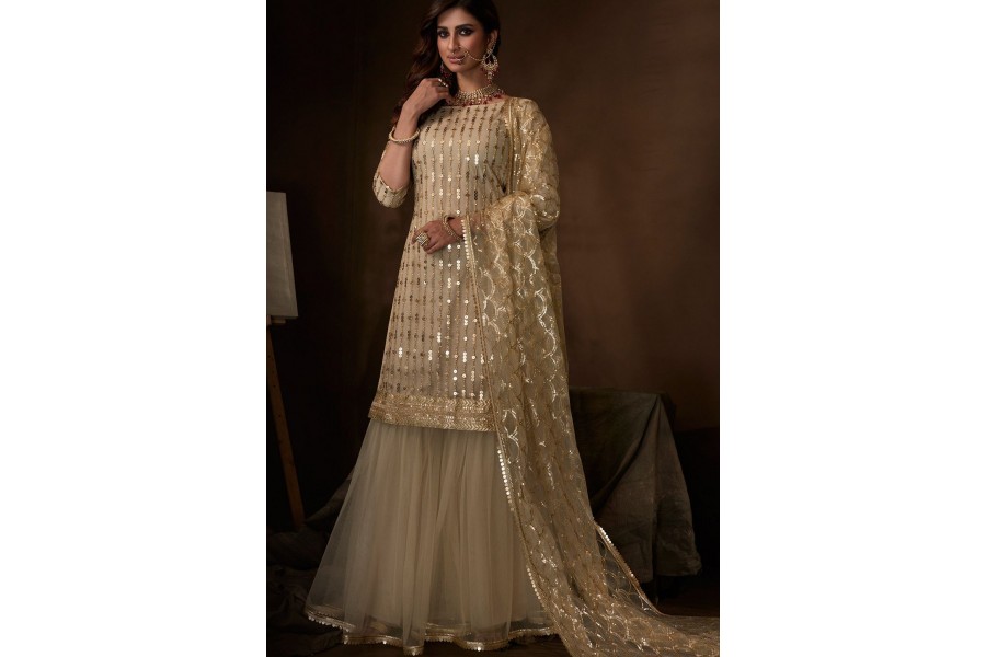 off white net embroidered sharara pakistani style suit 4207